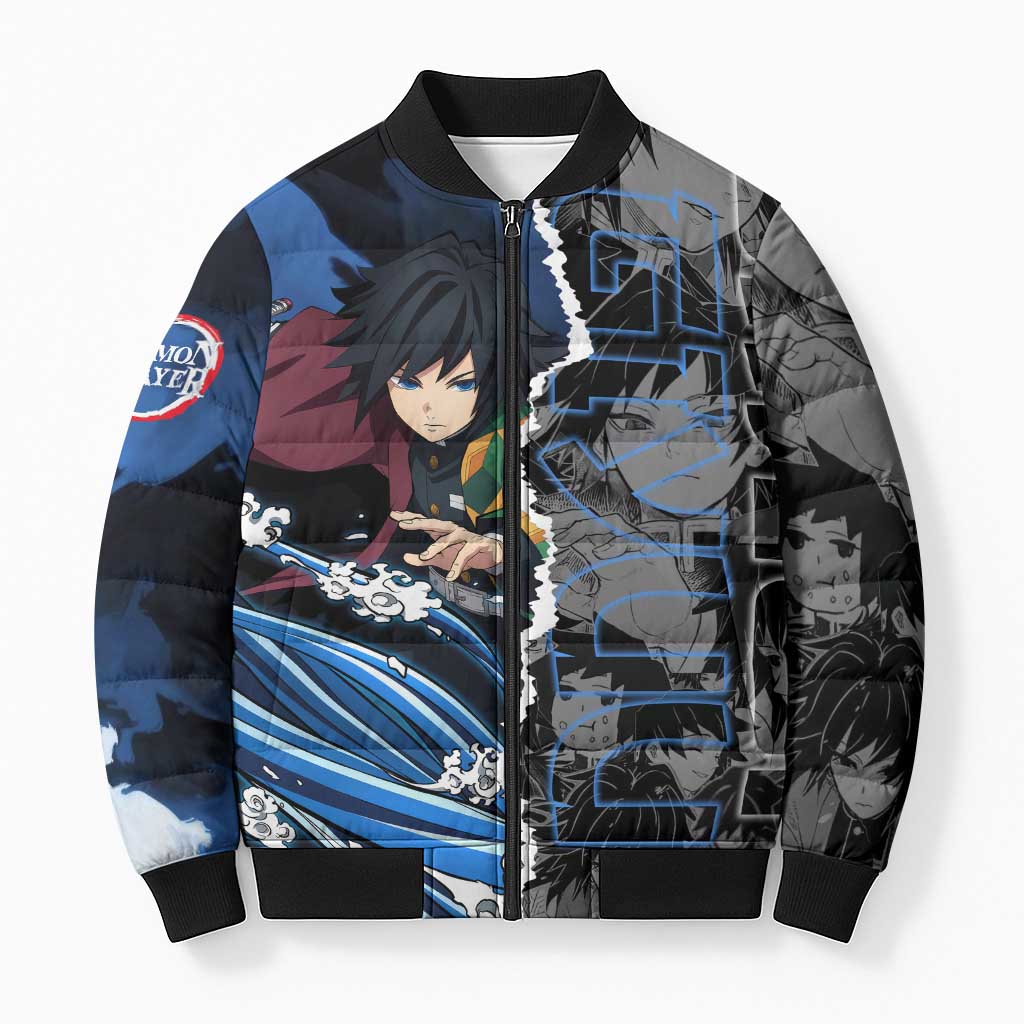 Giyu Tomioka Demon Slayer Bomber Puffer Jacket with Water Hashira Sword ...