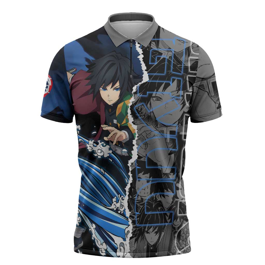 Giyu Tomioka Demon Slayer Zipper Polo Shirt with Water Hashira Sword ...