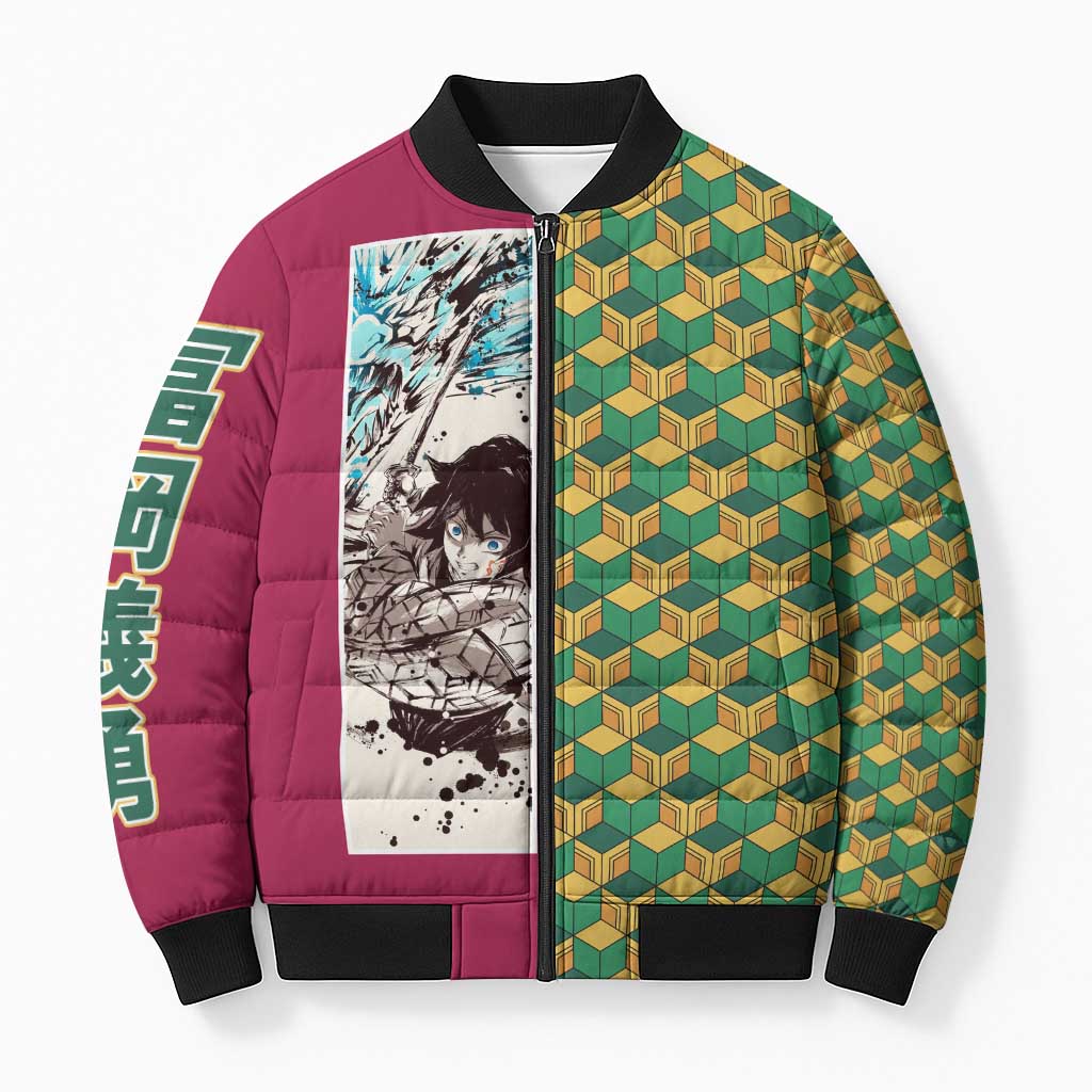 Giyu Tomioka Demon Slayer Bomber Puffer Jacket with Red Green Geometric ...