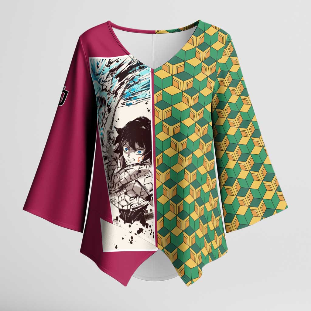 Giyu Tomioka Demon Slayer Kimono Sleeve Blouse with Red Green Geometric ...