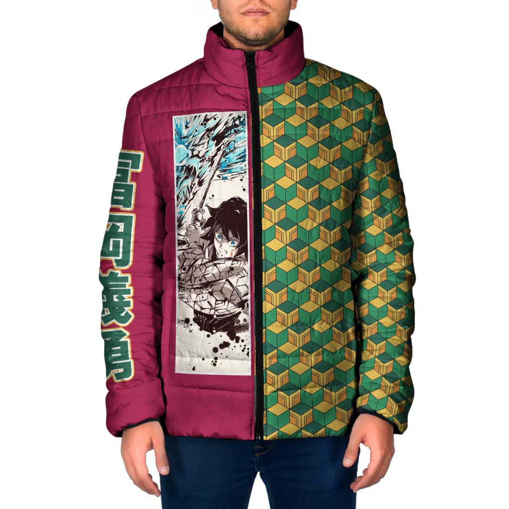 Giyu Tomioka Demon Slayer Padded Jacket with Red Green Geometric ...